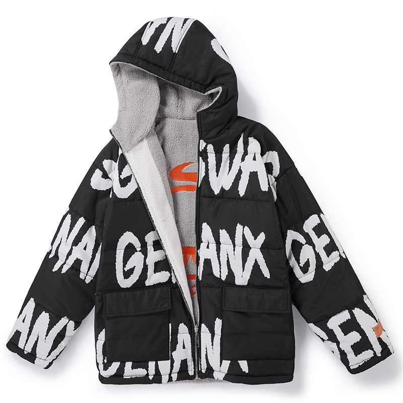 Reversible Letter Print Hooded Padded Coat – genanx