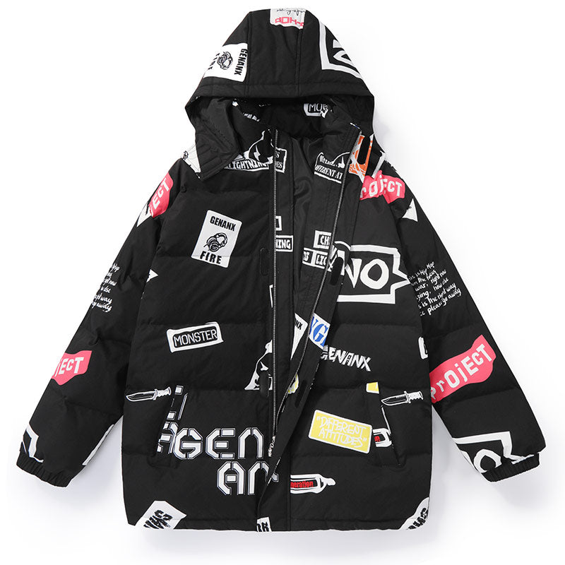 Street Letter Graffiti Print Removable Hooded Down Jacket – genanx